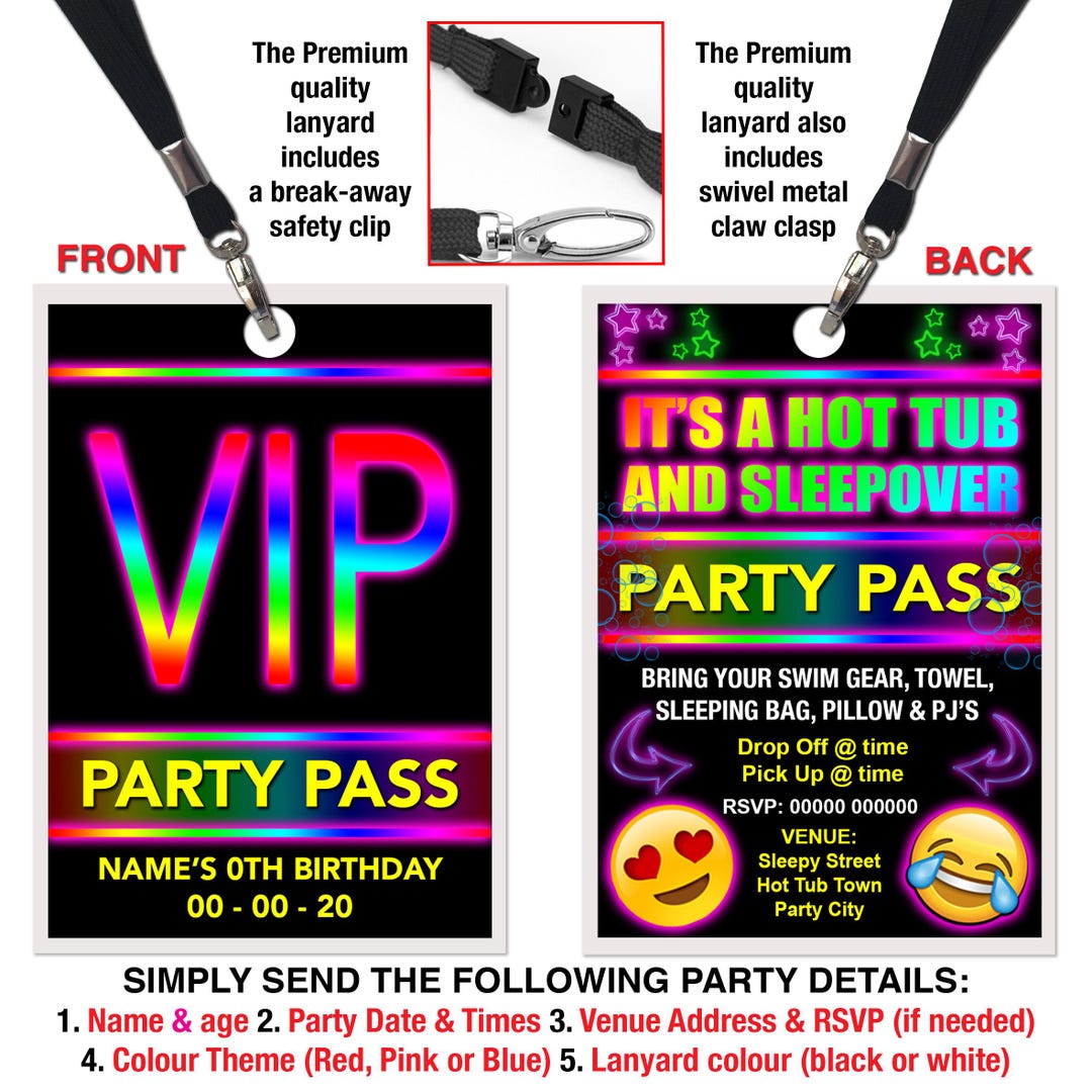 Personalised Hot Tub Sleepover Birthday Party Lanyards, VIP Pass, Girls ...