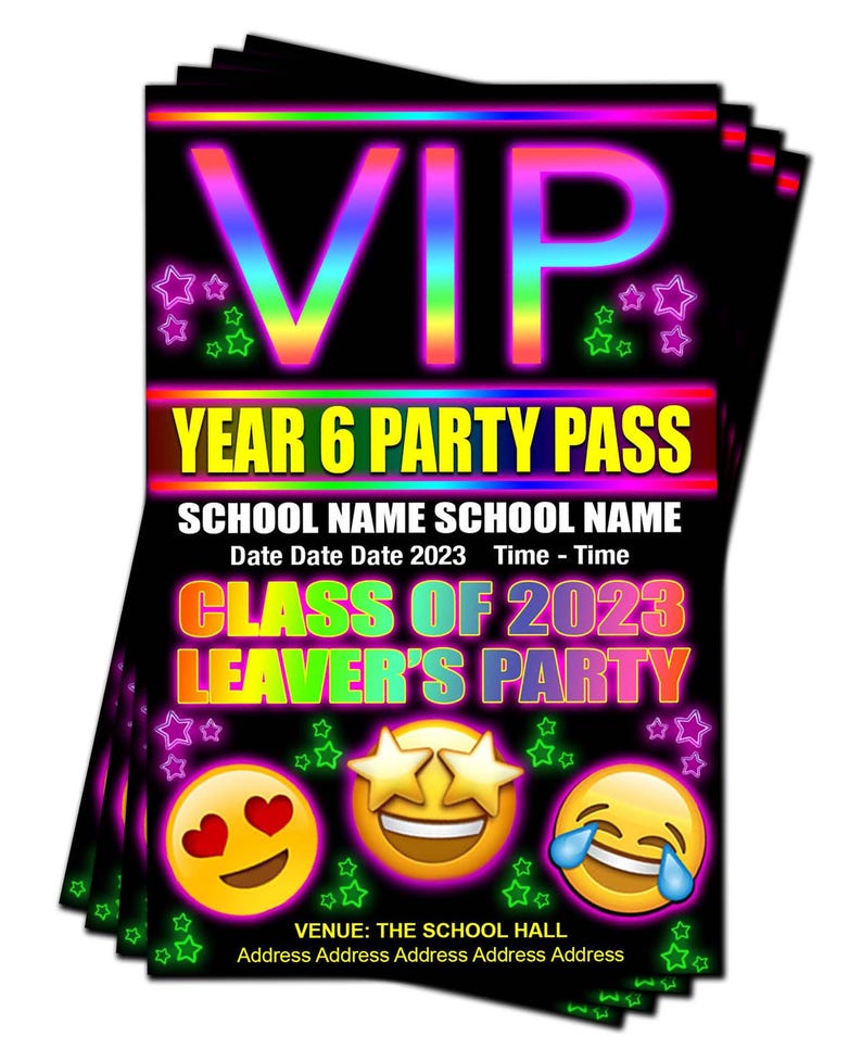 Personalised School Leavers, Prom, Emoji, VIP Pass Party Invitation ...
