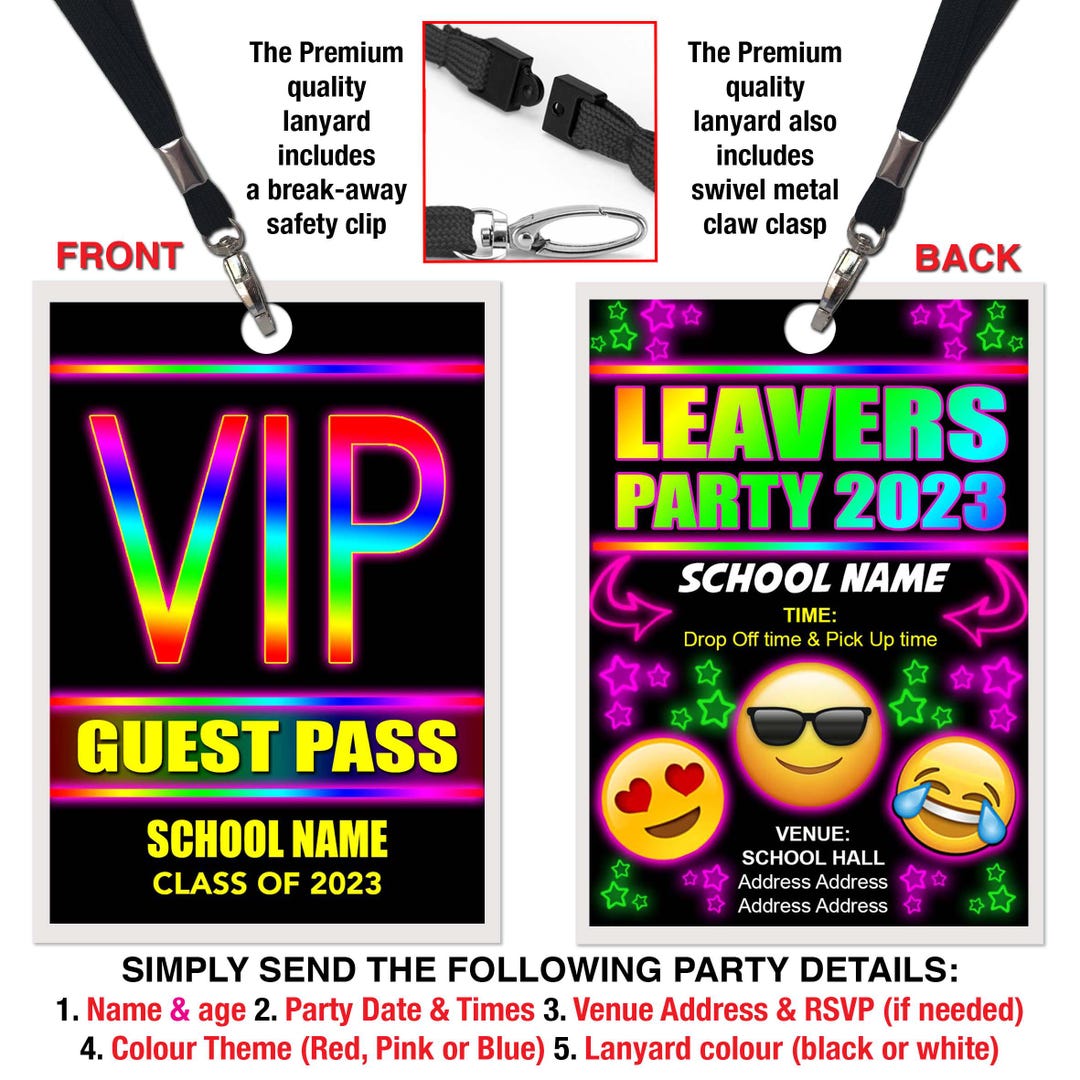 Personalised Leaver's Party Lanyards, VIP Pass, Girls or Boys ...