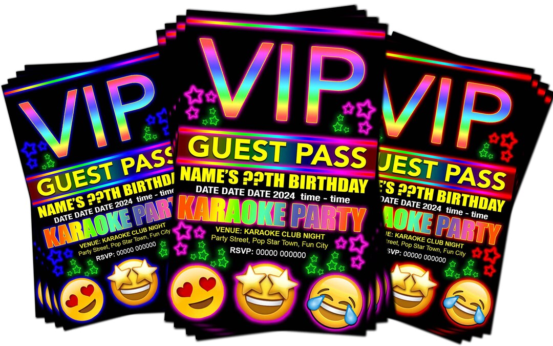 Personalised Karaoke, VIP Guest Pass Birthday Party Invitation, Colour ...