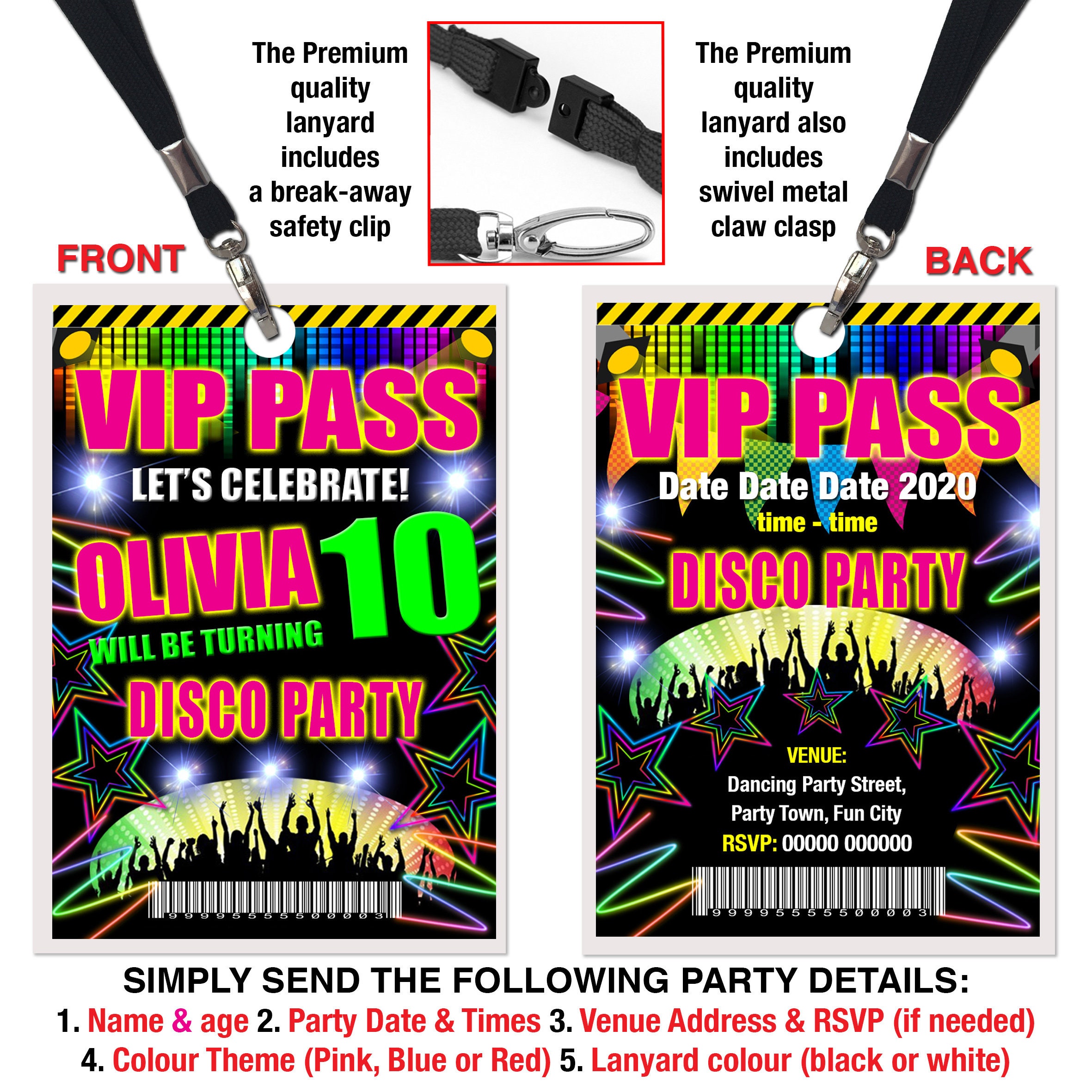 DISCO VIP PARTY Lanyard Birthday Invitation Bespoke Premium - Etsy UK