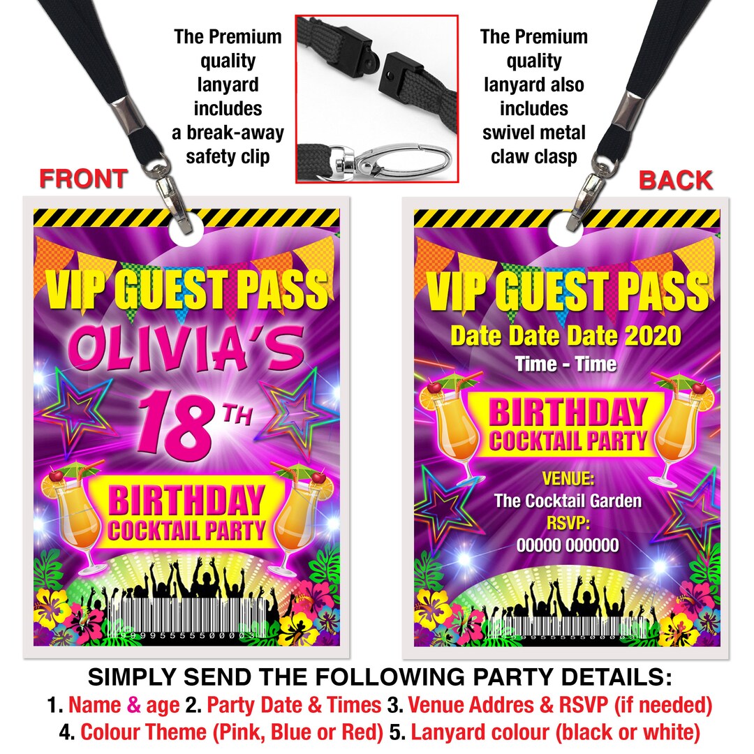 COCKTAIL VIP PARTY Lanyard Birthday Invitation Bespoke - Etsy