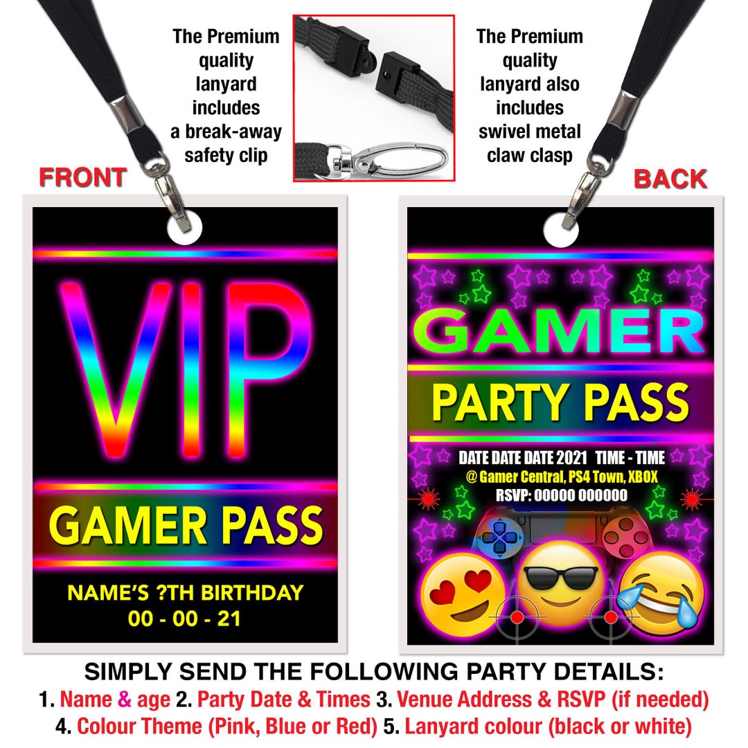 Personalised Gamer Birthday Party Lanyards, VIP Pass, Girls or Boys ...