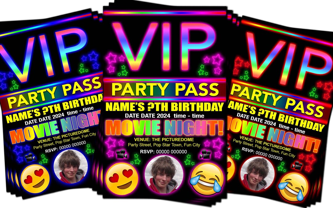 Personalised Movie Cinema, VIP Pass Birthday Party Invitation, Colour ...