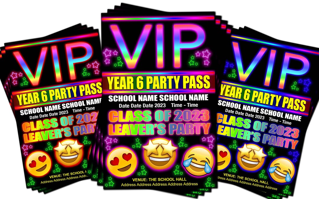 SCHOOL LEAVERS VIP Party Pass Invitations, Ball, Disco, Dance, Emoji ...