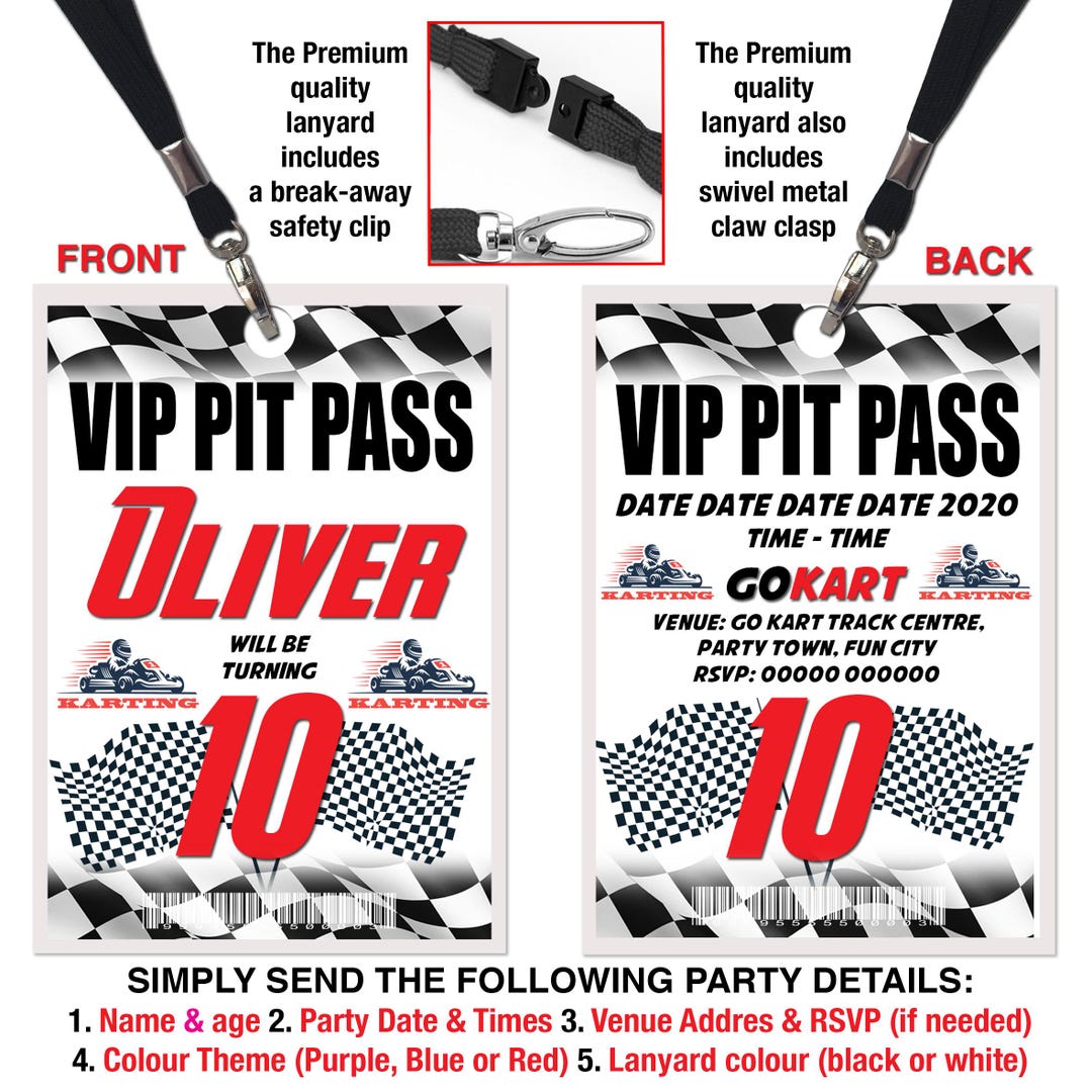 Personalised Karting, Go-kart, Birthday Party Lanyards, VIP Pass, Girls ...