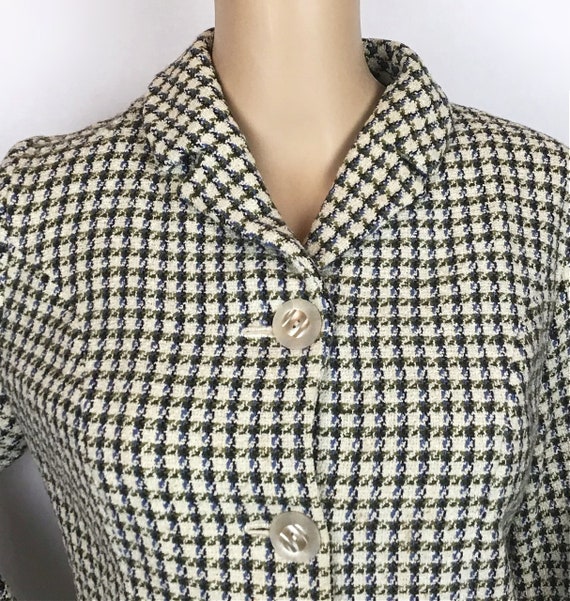 Vintage 1960s Mid Century Mod Cream Green Blue Check … - Gem