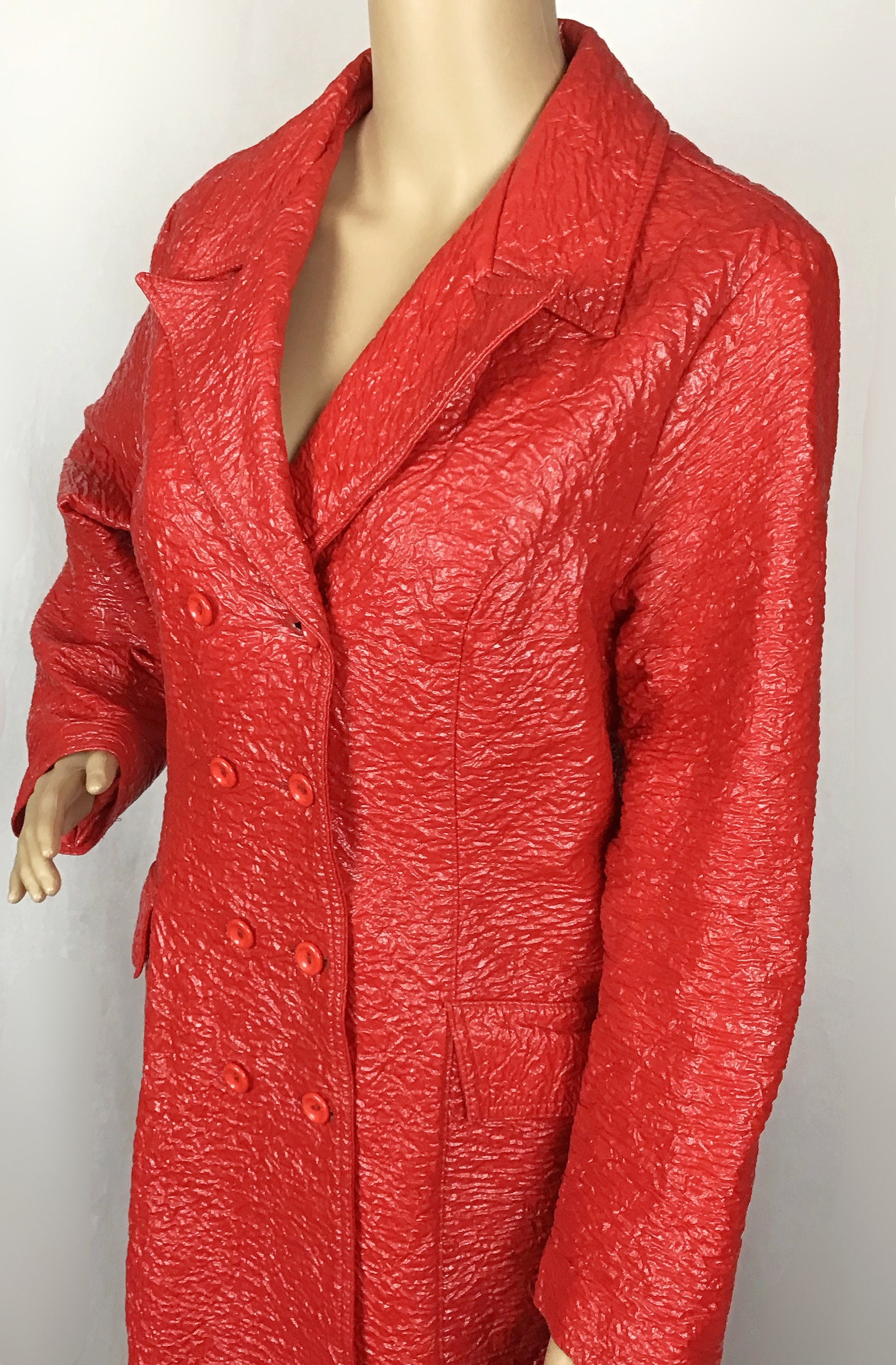 Vintage 1970s Ascot Model Label Mod Red Textured PVC Vinyl Long Mac ...