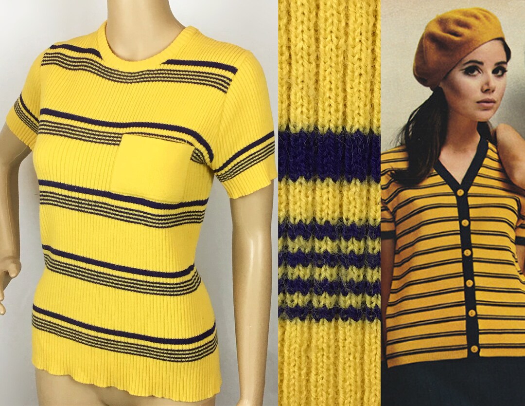Vintage 1970s Mod Yellow & Navy Blue Skinny Ribbed Knit Sweater Jumper ...