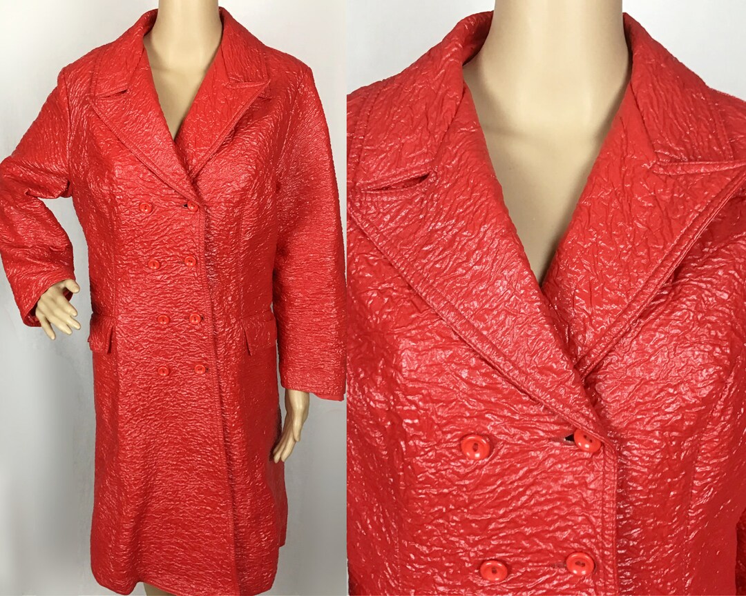Vintage 1970s Ascot Model Label Mod Red Textured PVC Vinyl Long Mac ...