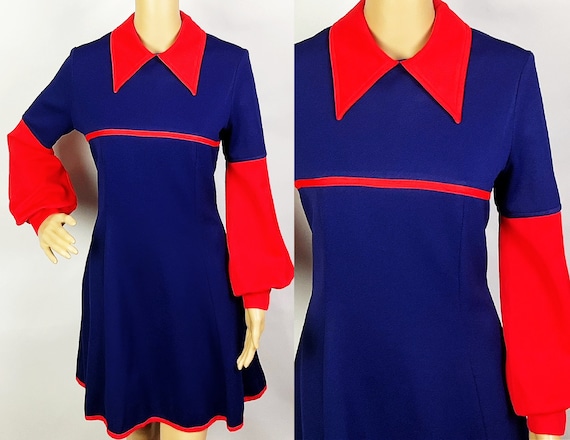 Vintage 1970s Mod Navy Blue & Red Dagger Collar Flare… - Gem