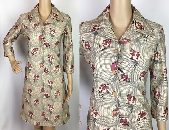 Vintage 1970s Mod Cream Beige, Navy Blue & Pink Geome… - Gem