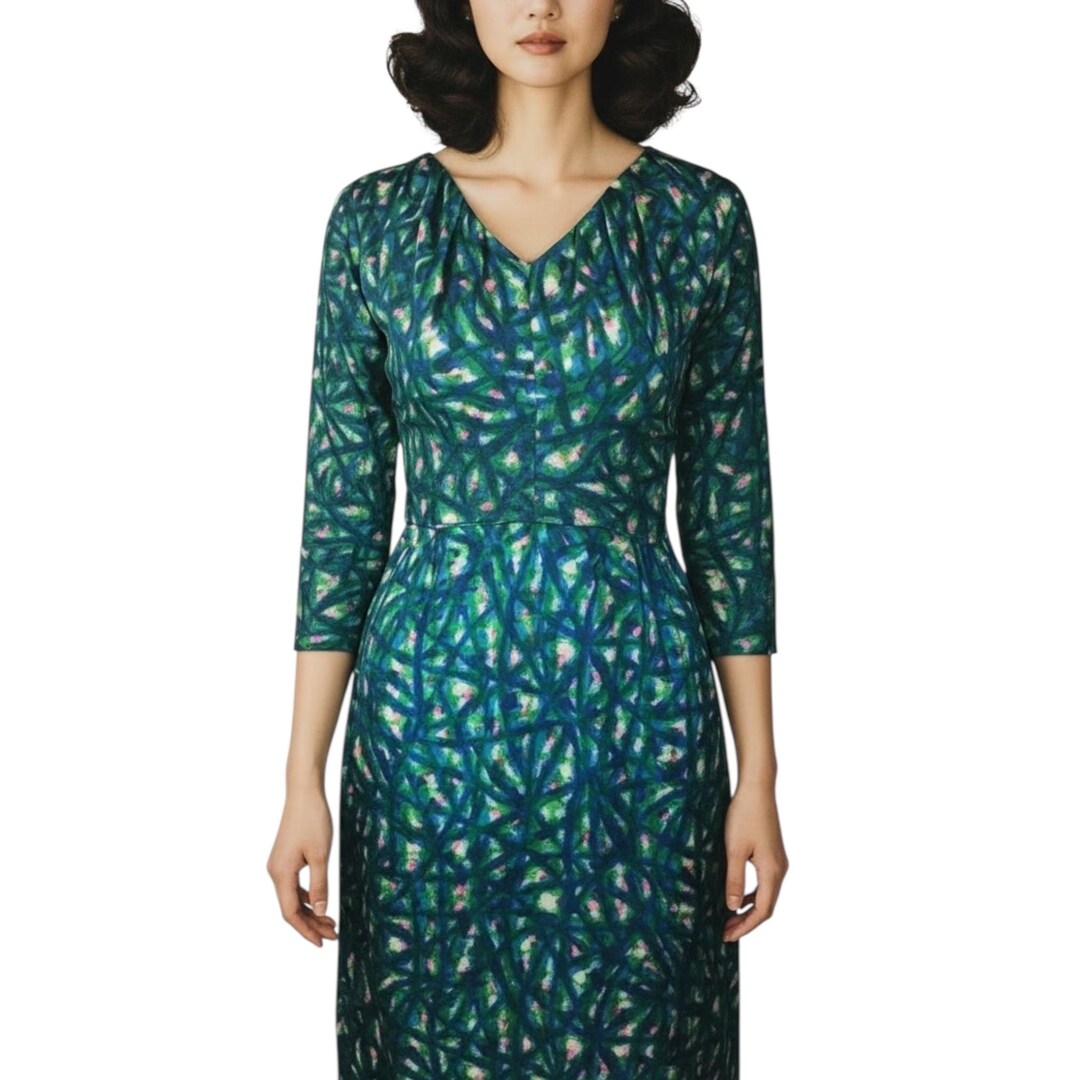 Vintage 1950s Mid Century Pin up Blue, Green & Pink Abstract Print ...