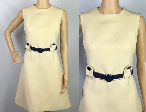 Vintage 1960s Mod Cream Beige & Navy Blue Belted Spac… - Gem