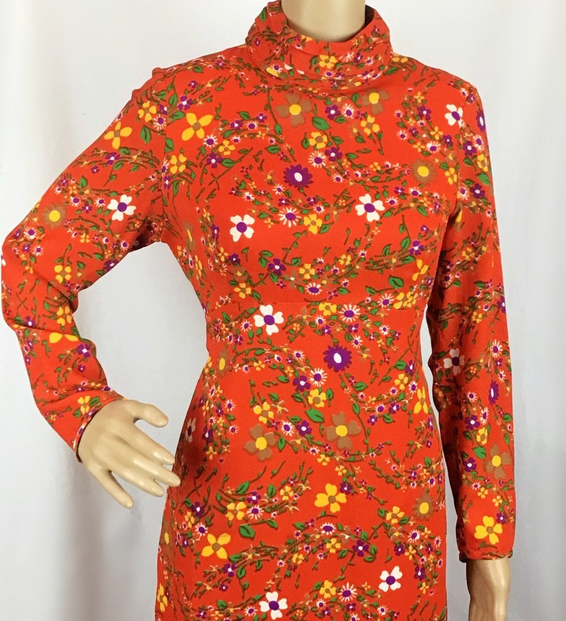Vintage 1960s Mod Hippie Orange Floral Print High Neck A Line Shift ...