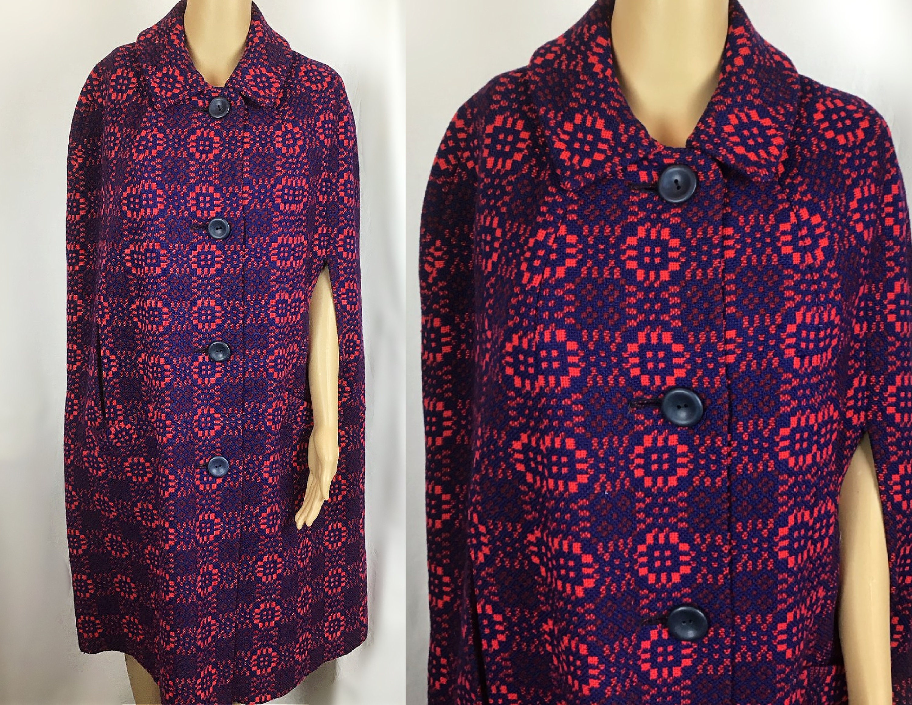Vintage 60s 70s Shannon Label Mod Hippie Navy Blue & Red Geometric ...
