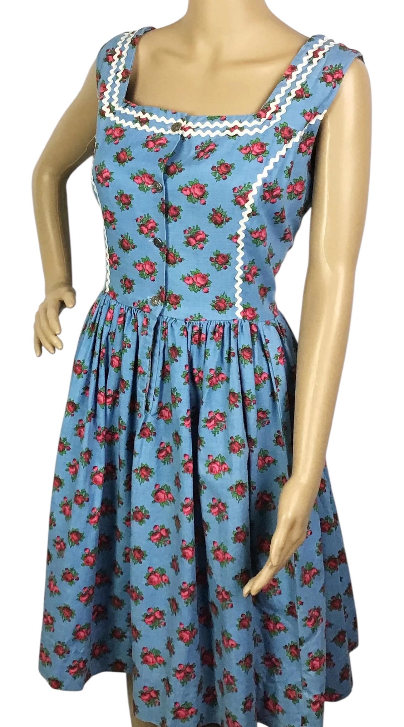 Vintage 1950s Mid Century Pin up Blue Rose Floral Print Fit and Flare ...