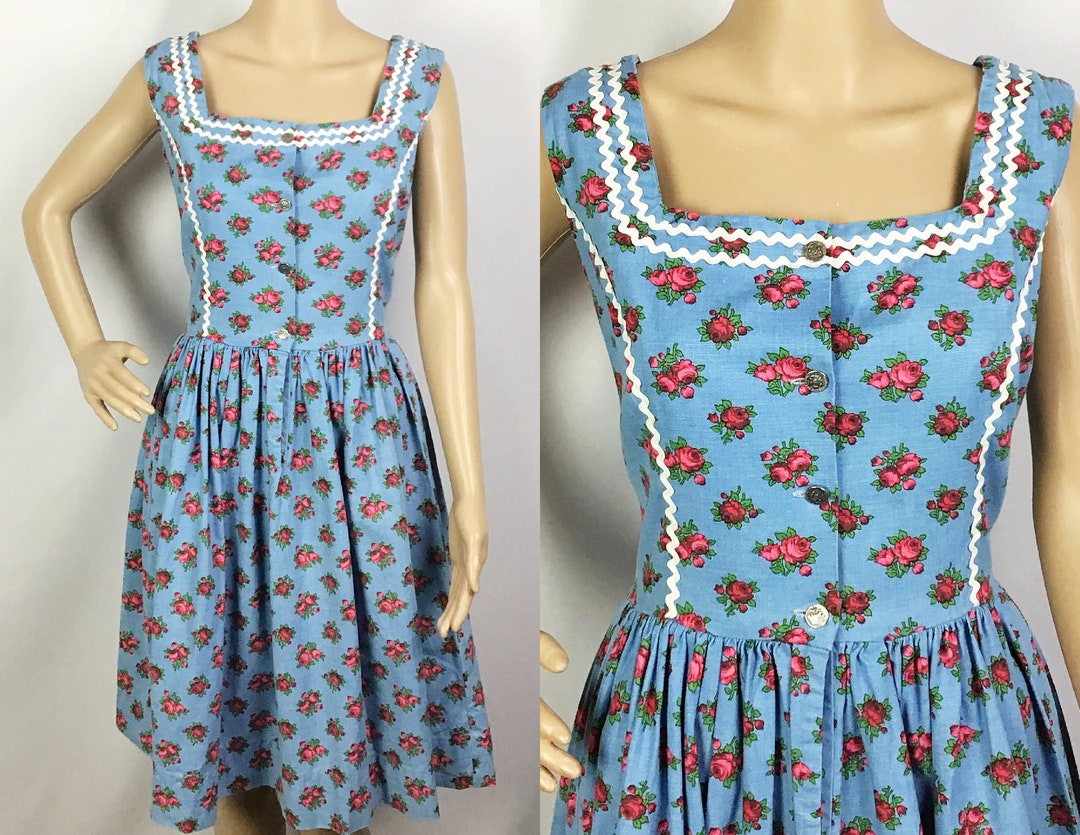 Vintage 1950s Mid Century Pin up Blue Rose Floral Print Fit and Flare ...