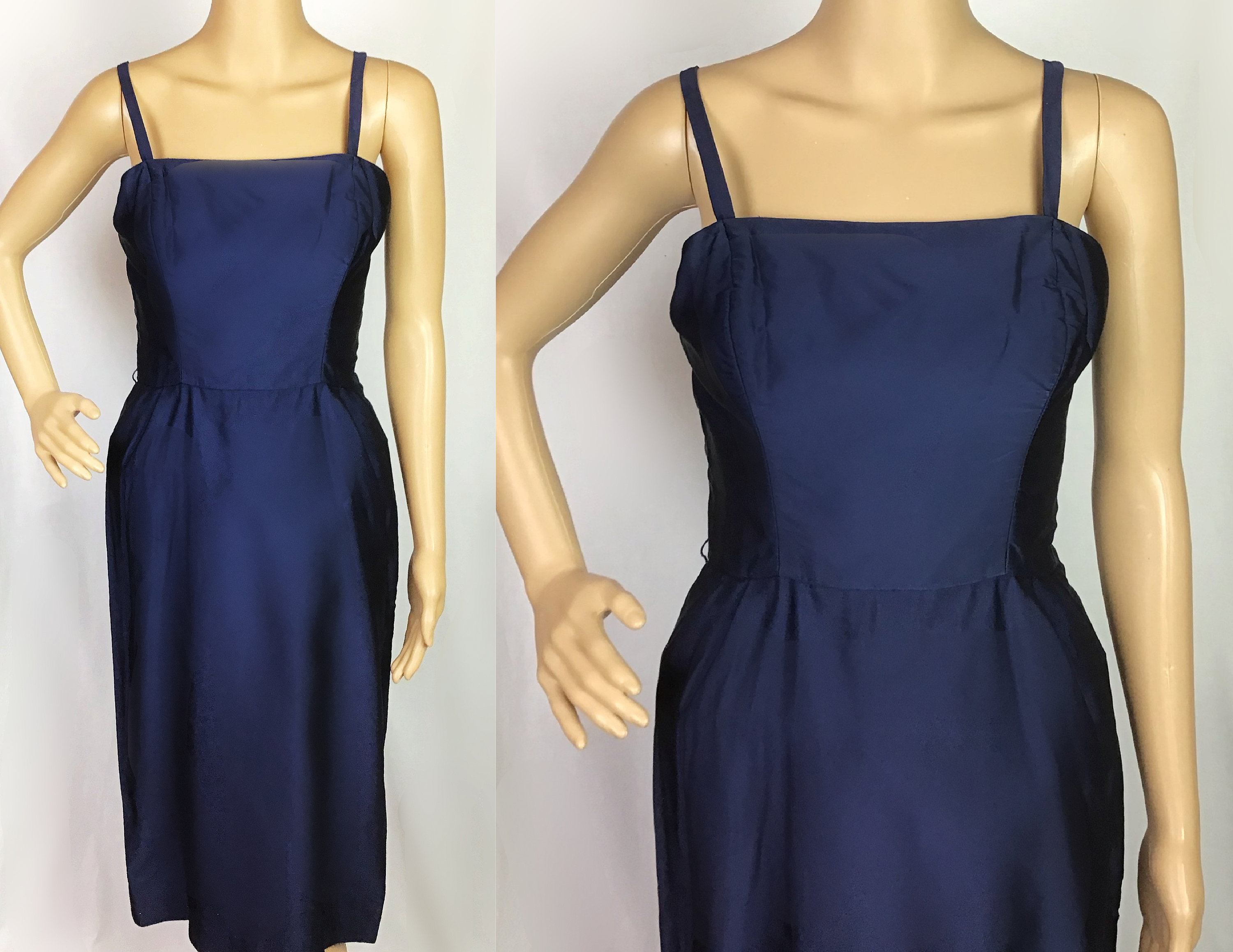 Vintage 1950s Mid Century Pin up Navy Blue Cocktail Pencil Shift Dress ...