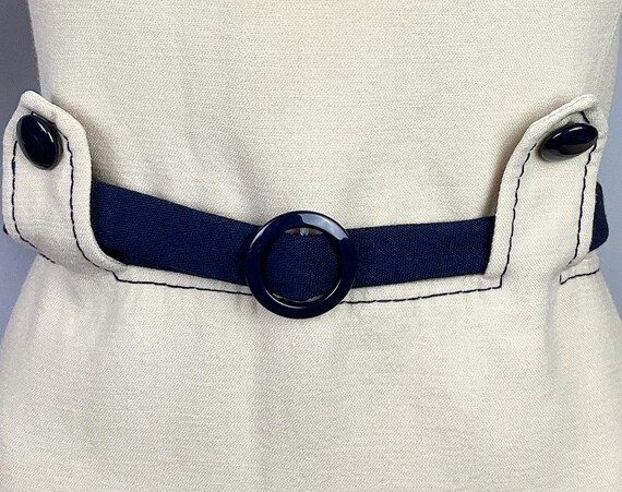 Vintage 1960s Mod Cream Beige & Navy Blue Belted Spac… - Gem
