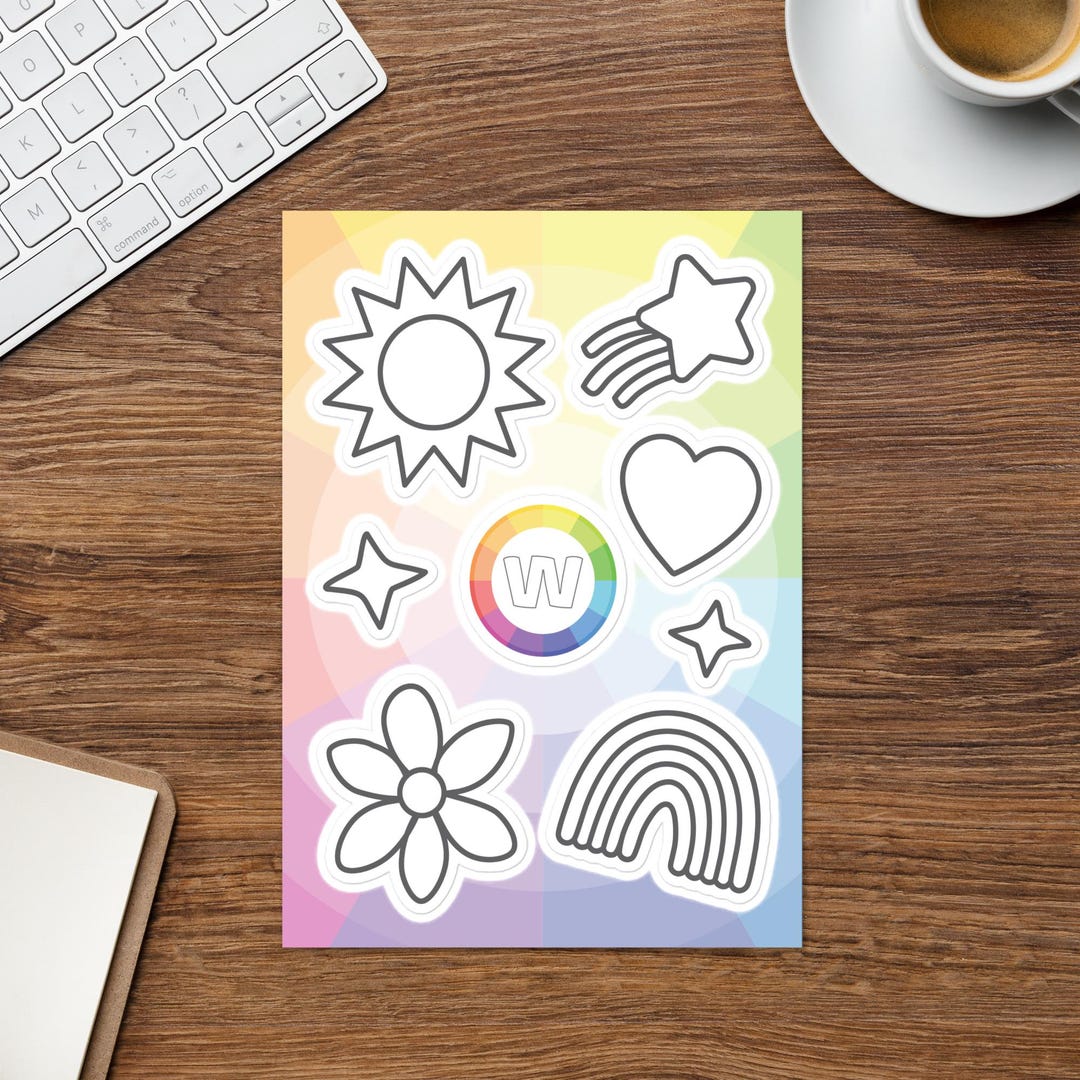 Vinyl Coloring Page Sticker Sheet With Rainbow, Sun, Stars and Flower ...