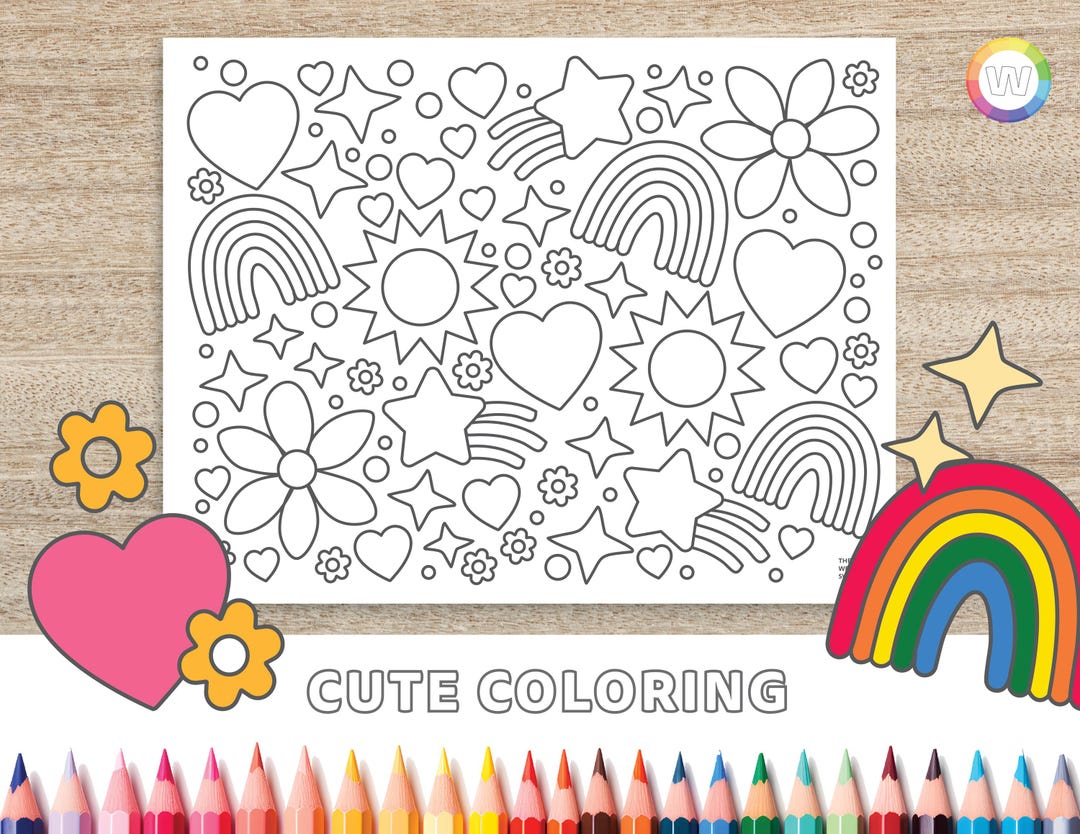 Rainbows, Hearts, Stars Printable Coloring Page Digital Download ...