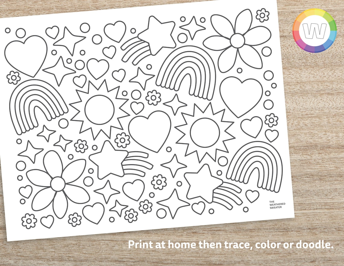 Rainbows, Hearts, Stars Printable Coloring Page Digital Download ...