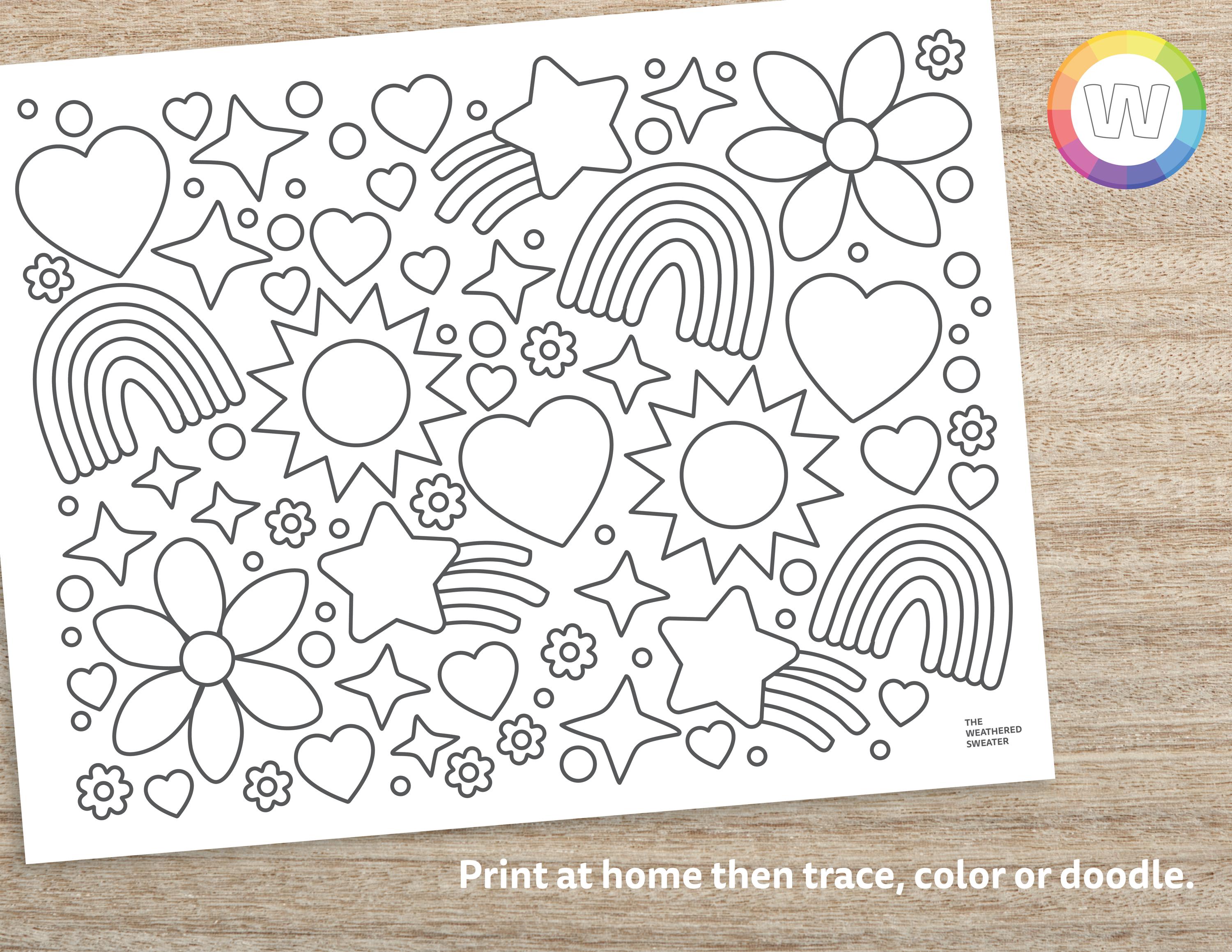 Rainbows, Hearts, Stars Printable Coloring Page Digital Download ...