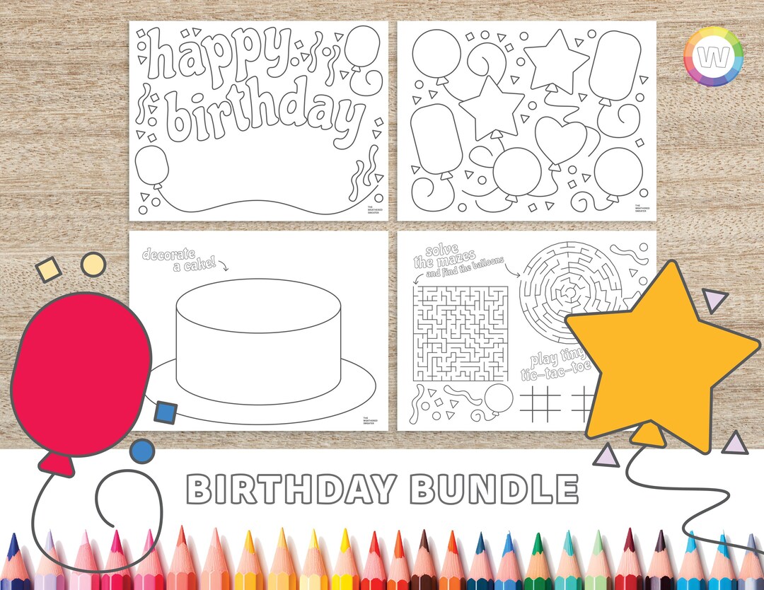 Birthday Party Bundle of Four Printable Coloring Page Digital Download ...