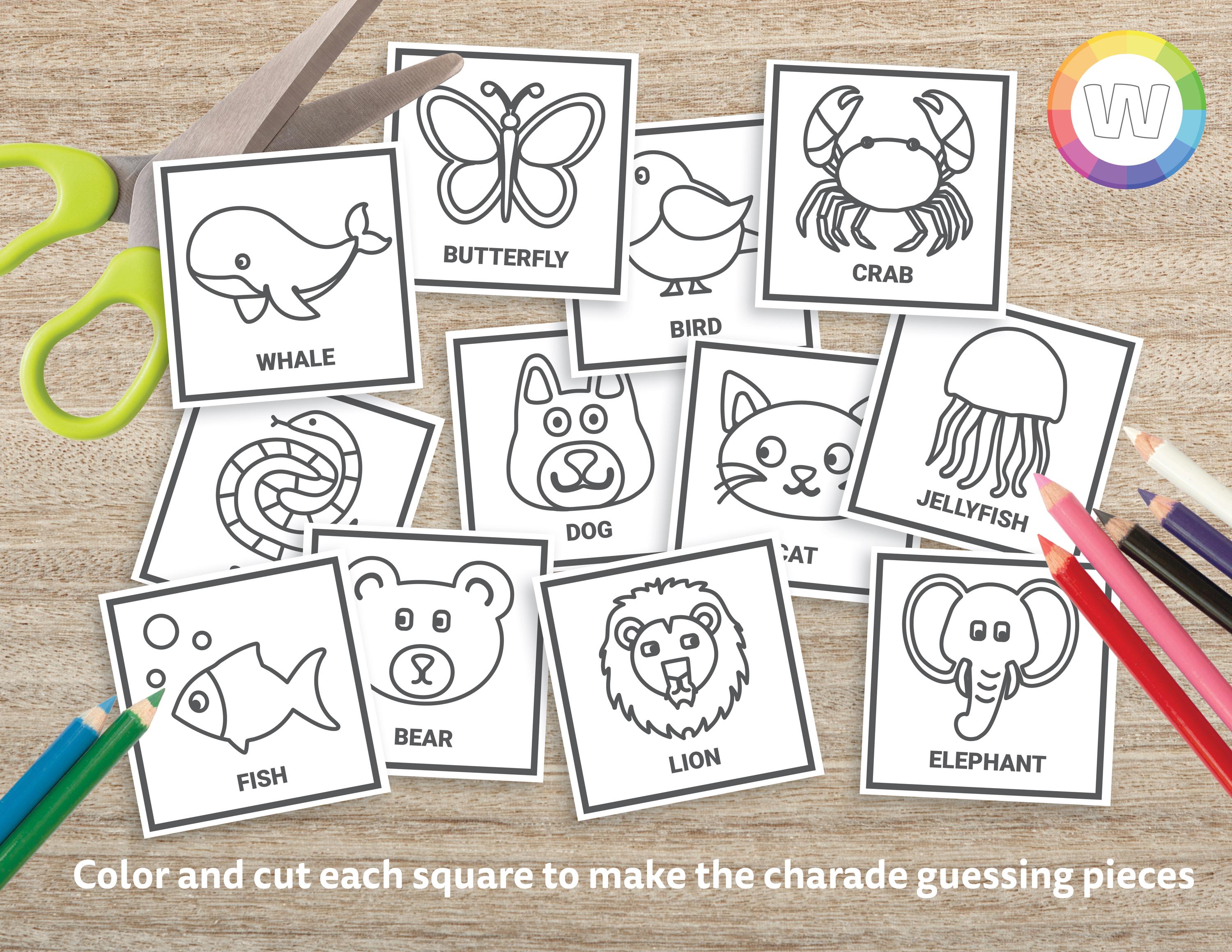 Kid-friendly Printable Animal Charades Cards and Coloring Pages Family ...