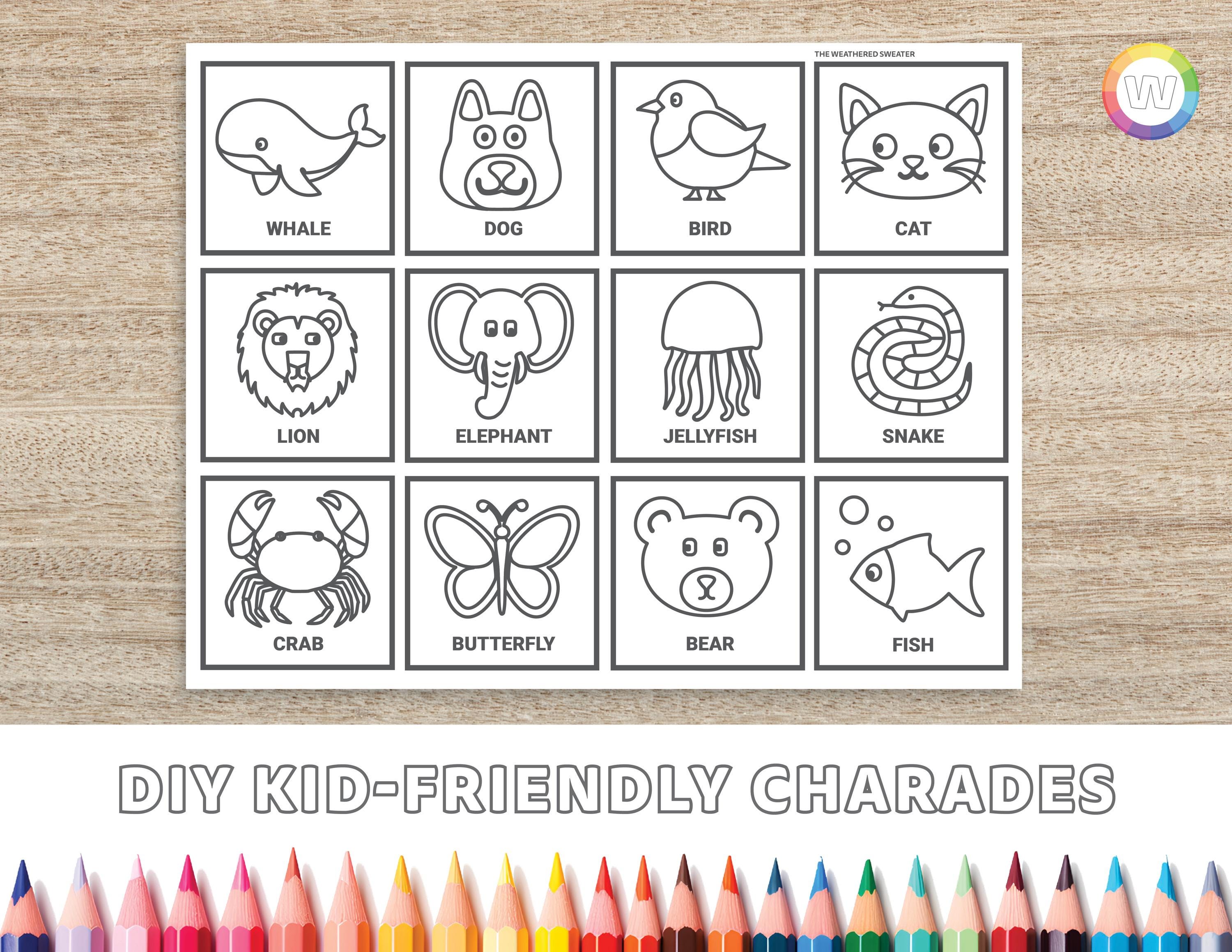 Kid-friendly Printable Animal Charades Cards and Coloring Pages Family ...