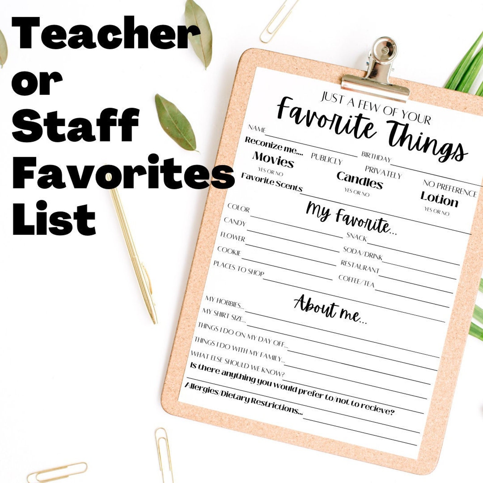Teacher Staff Favorites List: Gift Survey (digital Download) - Etsy