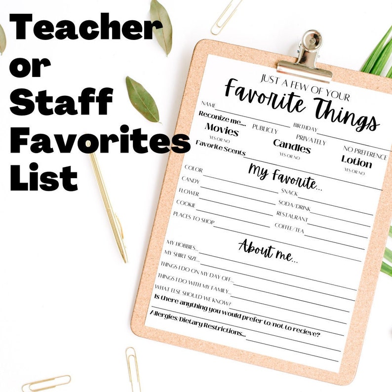 Teacher Staff Favorites List: Gift Survey (digital Download) - Etsy