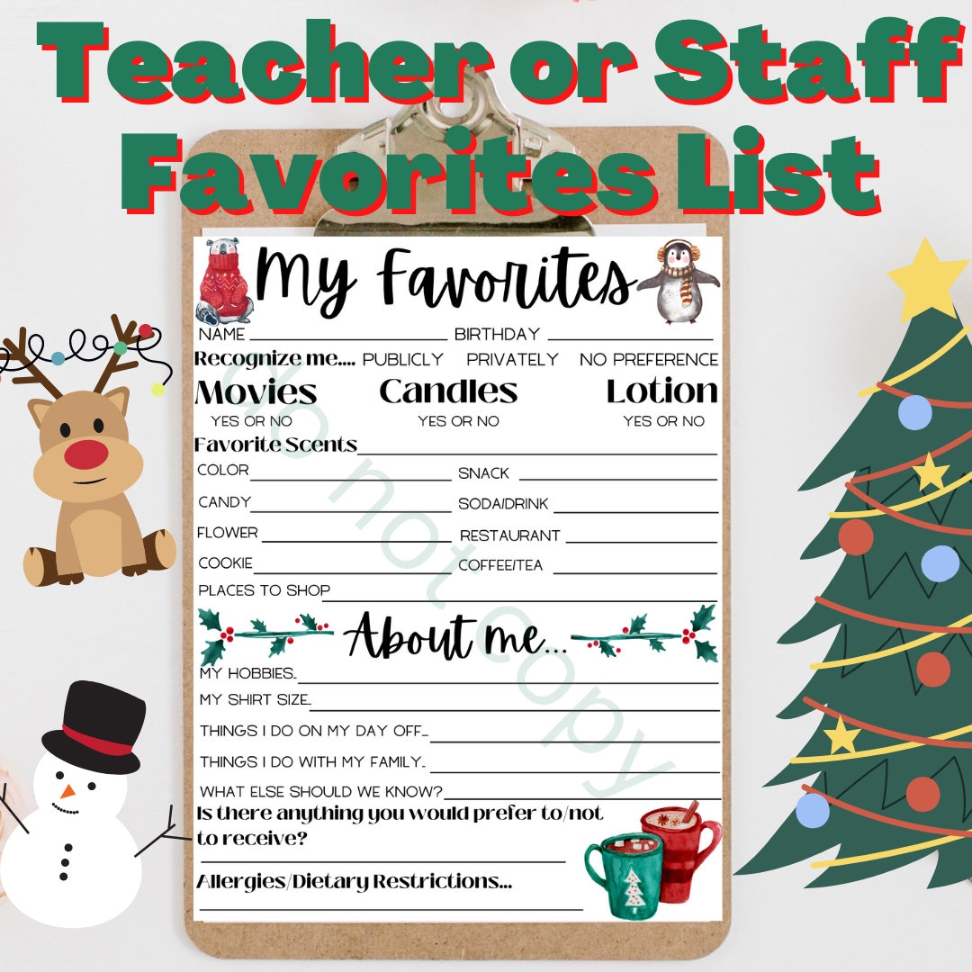 Christmas My Favorites List INSTANT DOWNLOAD Teacher's Favorite Things ...