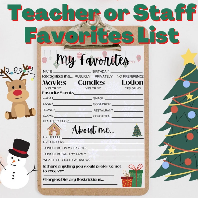 Christmas My Favorites List INSTANT DOWNLOAD Teacher's Favorite Things ...