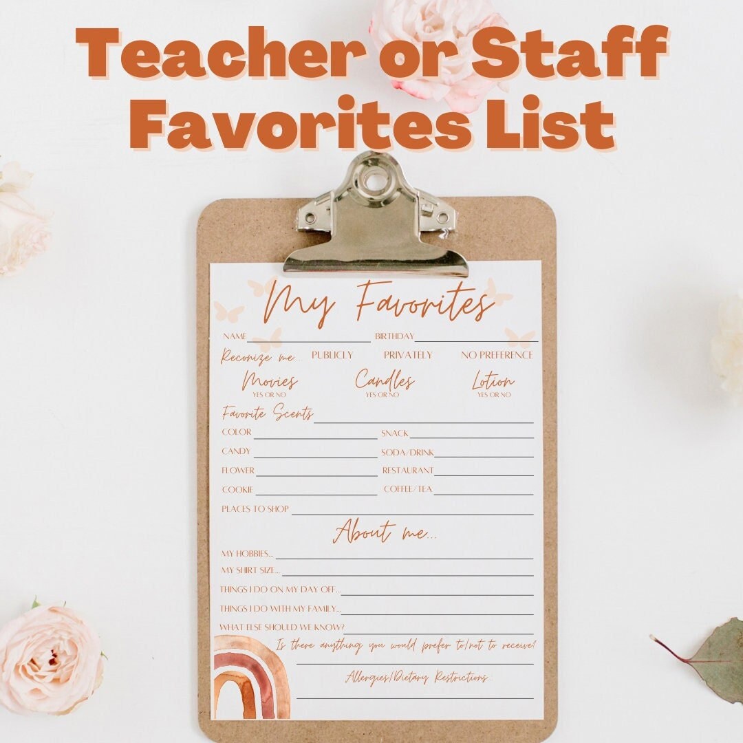 Boho Butterfly Rainbow My Favorites List INSTANT DOWNLOAD Teacher's ...