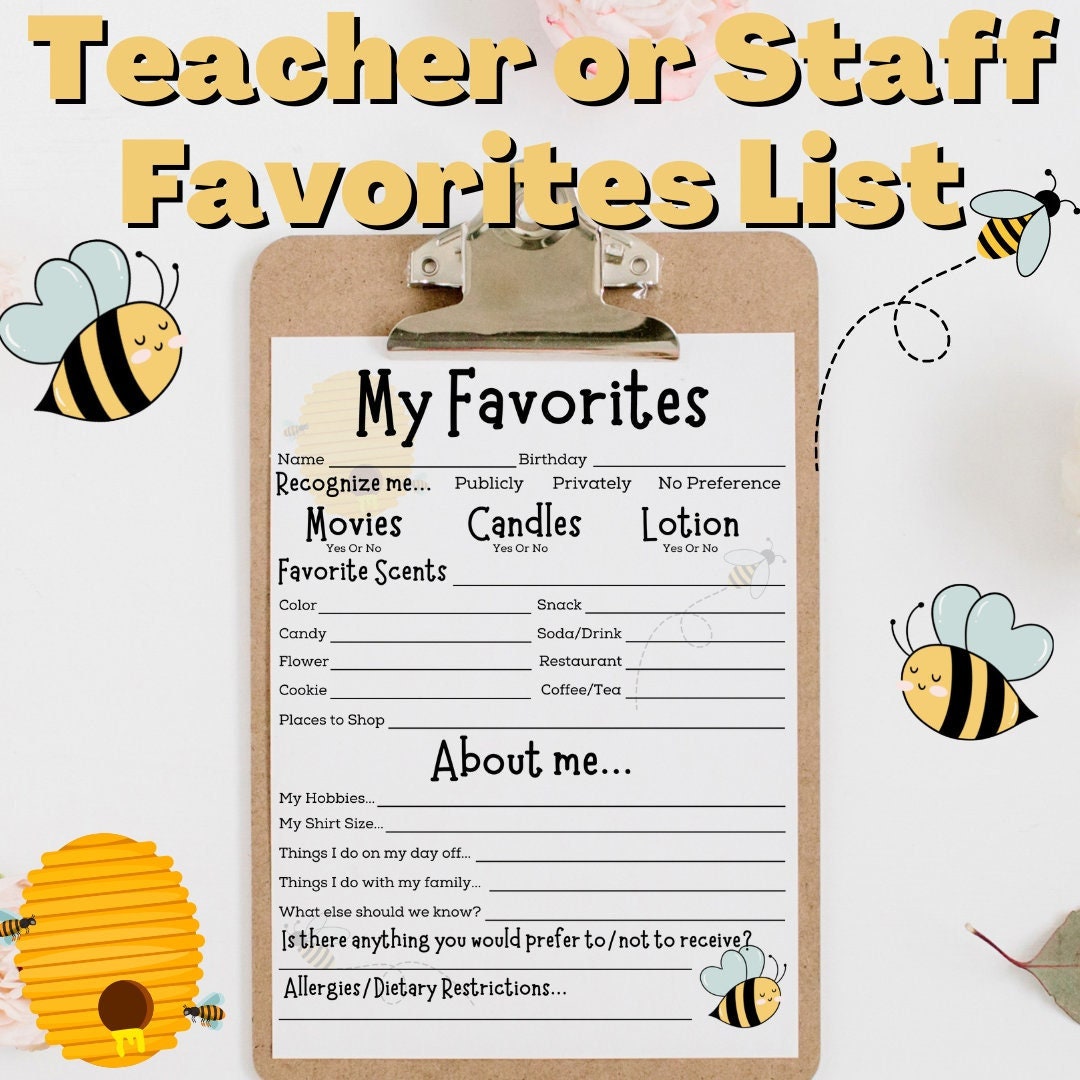 My Favorites List INSTANT DOWNLOAD Teacher's Favorite Things Staff ...