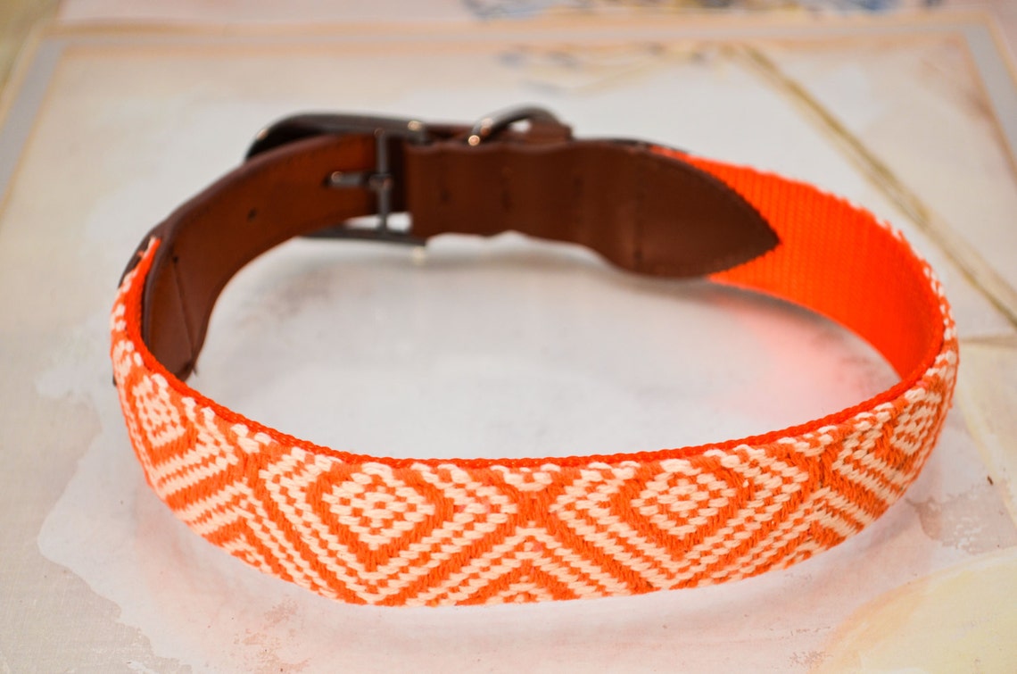 Blue Cotton Dog Collar Colorful Pattern Fabric With Real Genuine ...