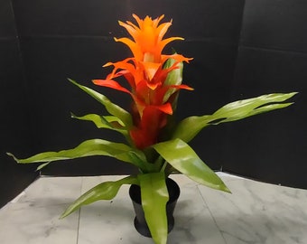 Artificial Bromeliad Plant in Ceramic Pot, Yellow With Orange ...