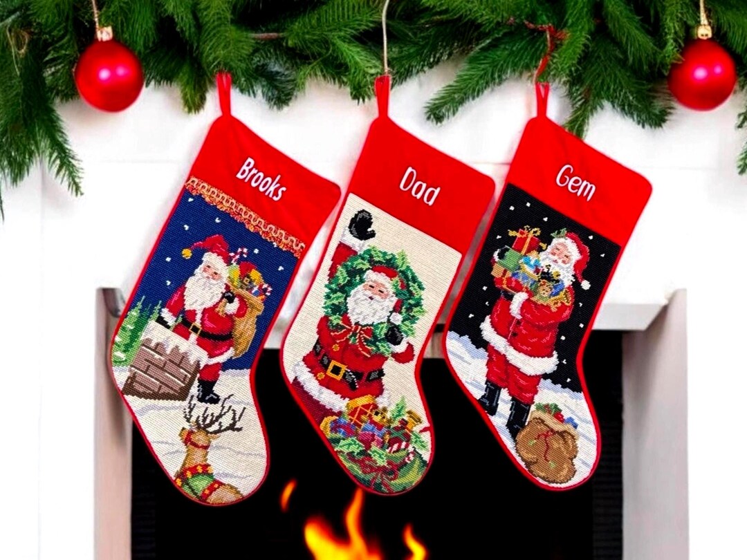 Santa Claus Personalized Needlepoint Christmas Stockings With Velvet ...