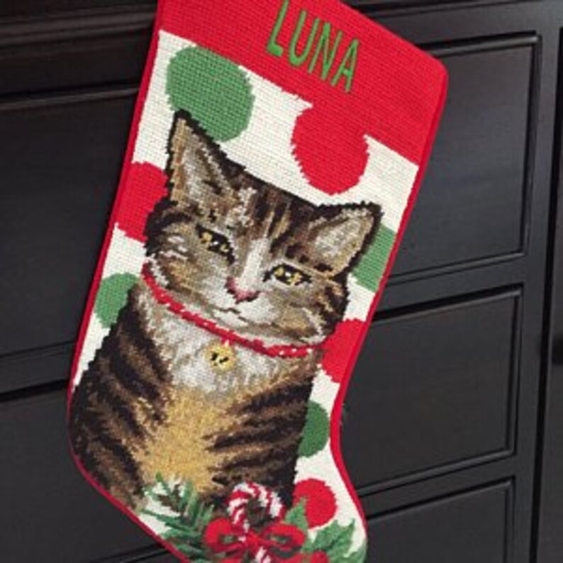 Tabby Cat Stocking w/Polka Dots Personalized Cat stocking | Etsy