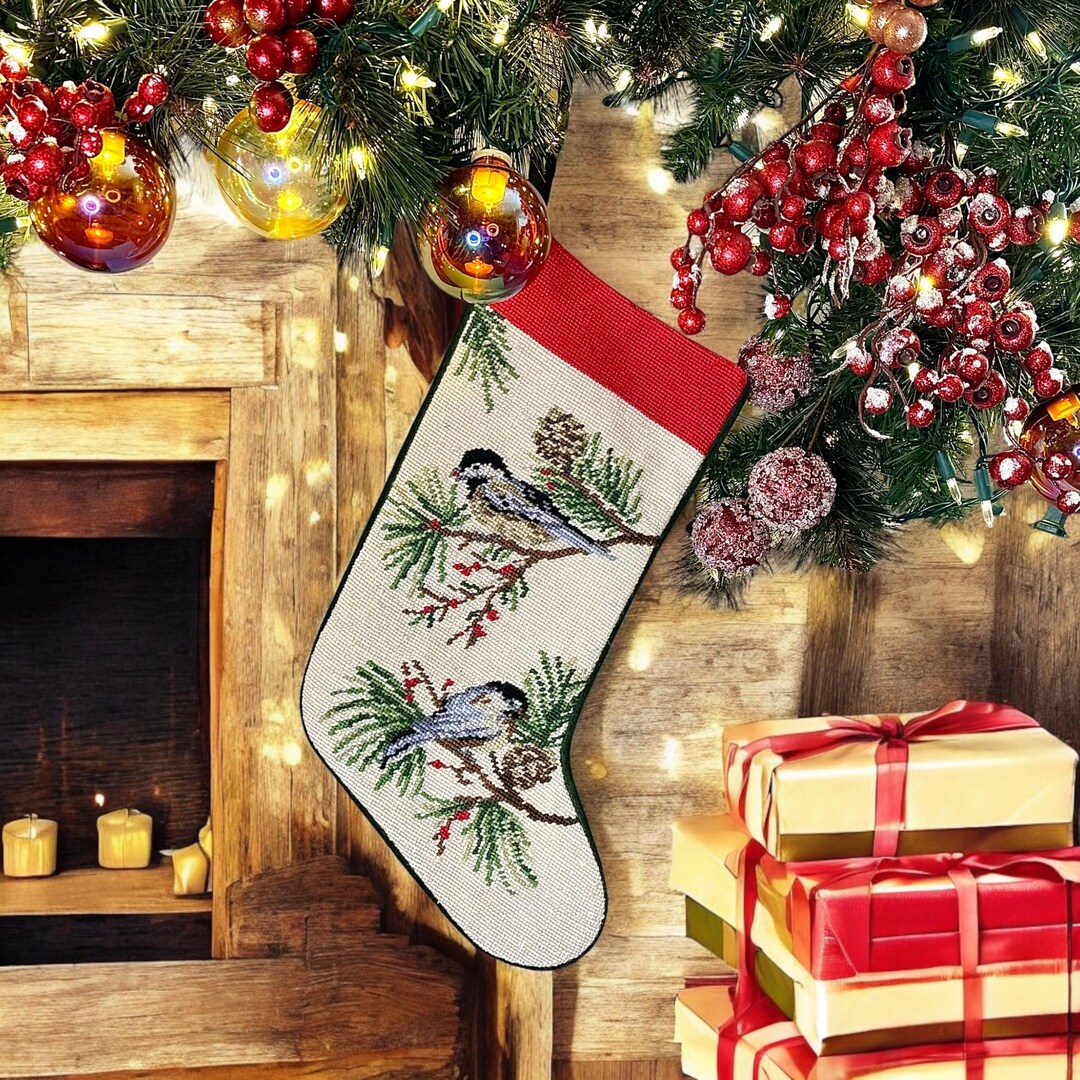 Chickadee Personalized Needlepoint Christmas Stocking, Christmas ...