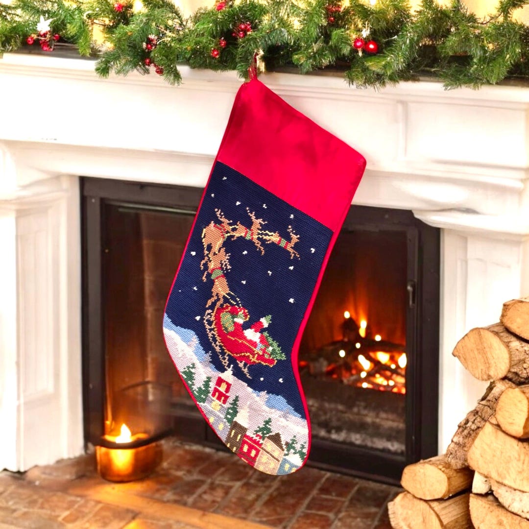 Santa and Reindeer Personalized Needlepoint Christmas Stockings ...