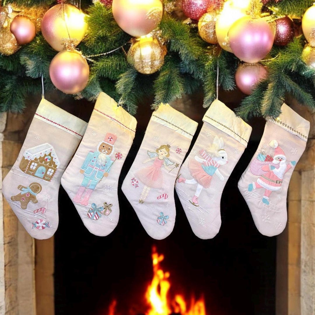 Personalized Pink Christmas Stocking: Applique Design, Baby's First ...