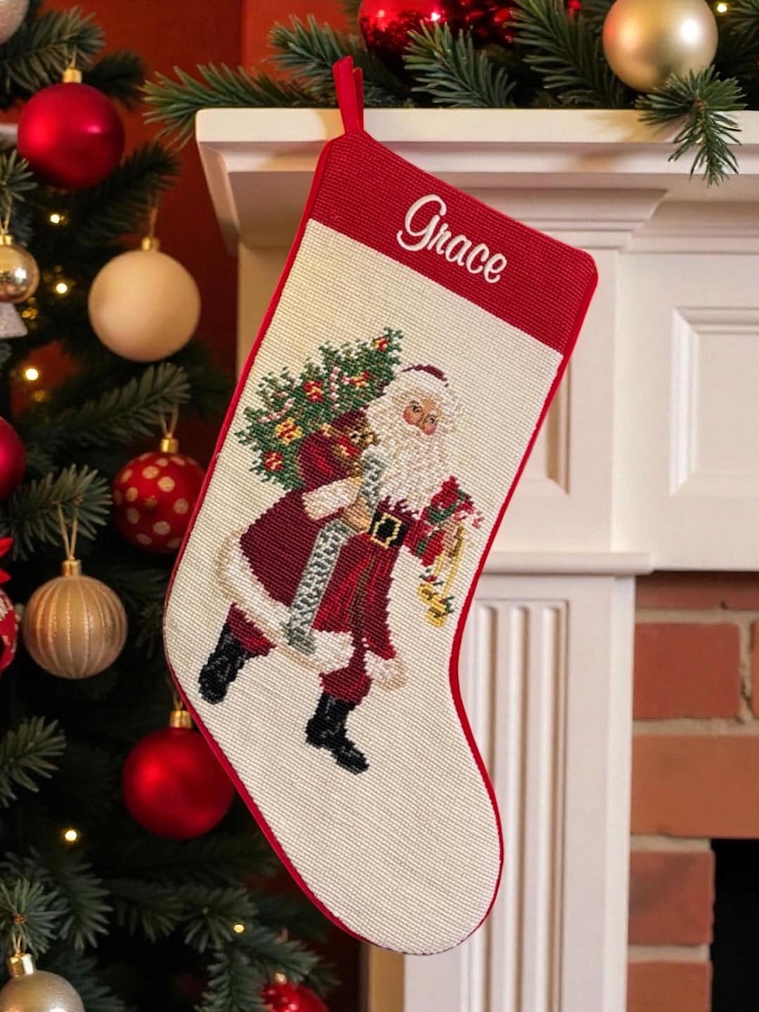 Santa Christmas Stocking-needlepoint, Personalized Holiday Family Decor ...