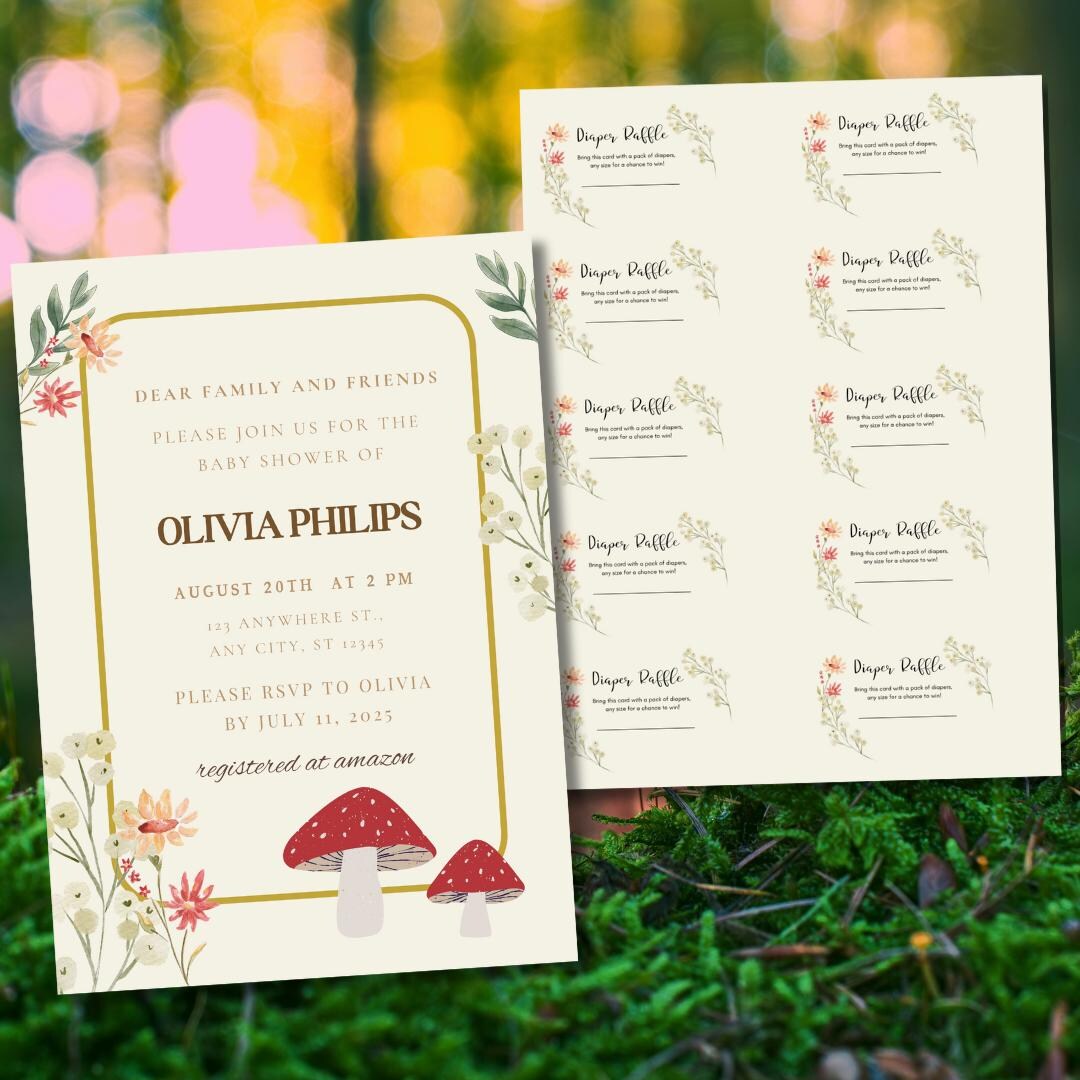 Woodland Floral Mushroom Baby Shower Invitation With FREE Diaper Raffle ...