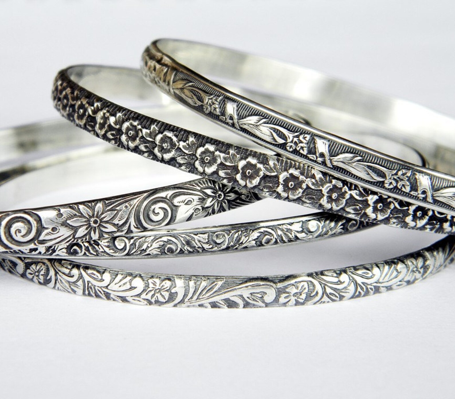Solid Silver Bangle Set, 4 Sizes, Sterling Floral Bangles, Solid ...