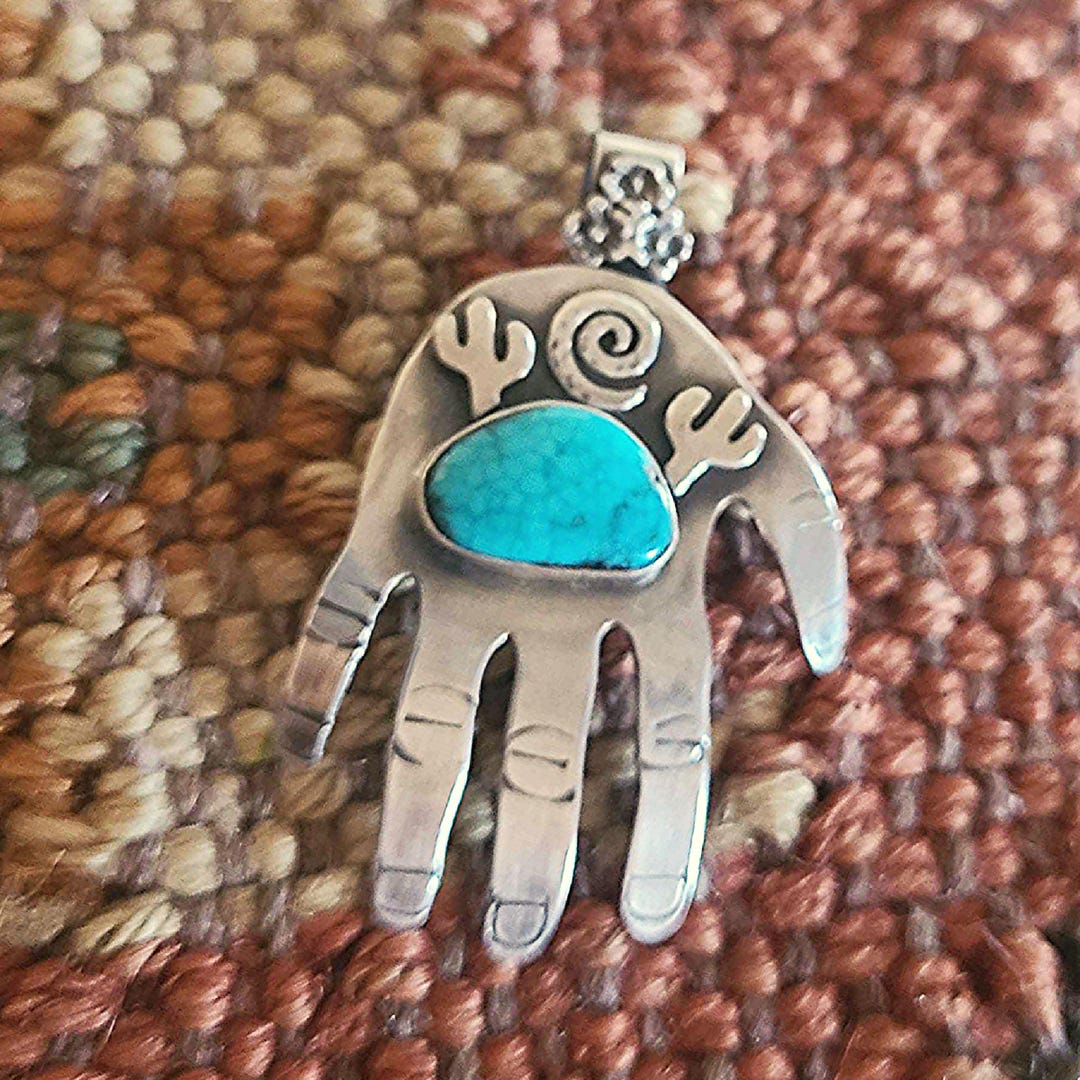 Sterling Silver & Turquoise Hand Shape Pendant, Mano Milagro, Rustic ...