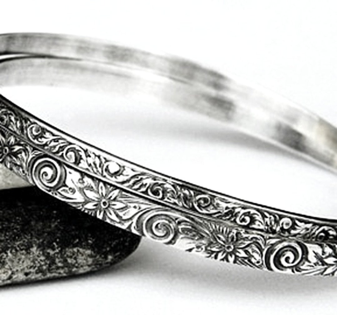 Solid Silver Bangle Set, 4 Sizes, Sterling Floral Bangles, Solid ...