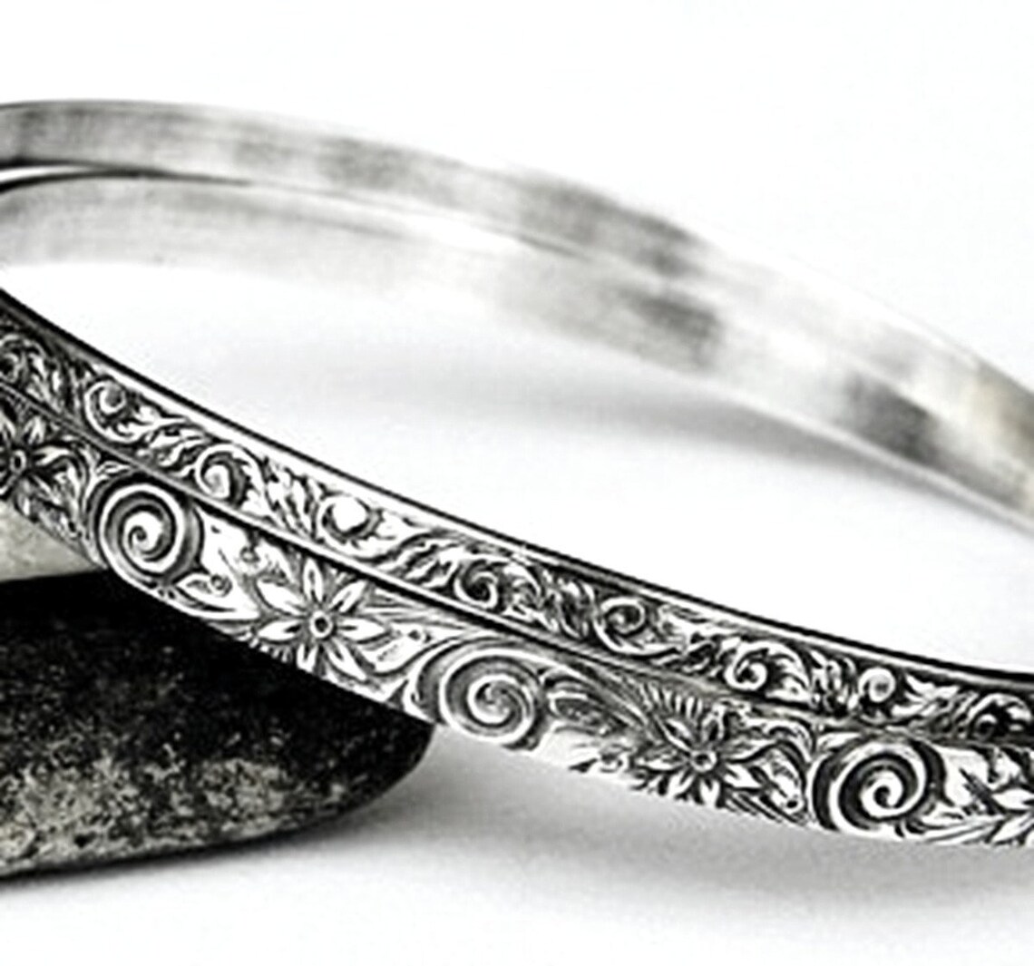 Solid Silver Bangle Set, 4 Sizes, Sterling Floral Bangles, Solid ...